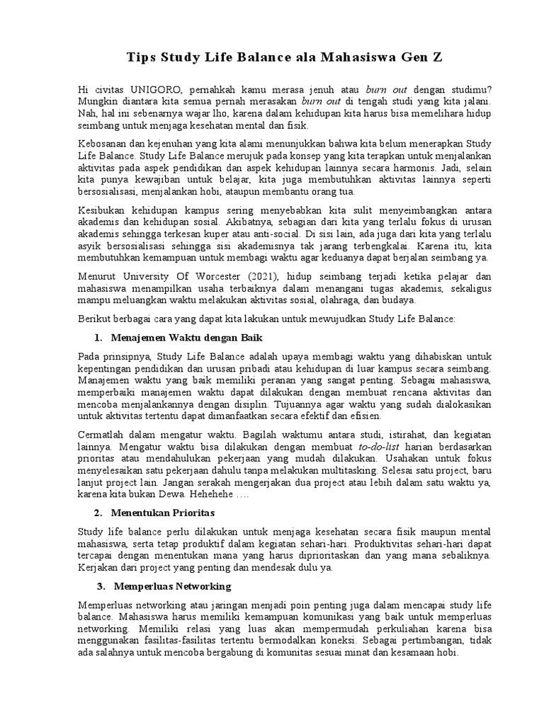 Tips Study Life Balance Untuk Mahasiswa Gen Z | PDF