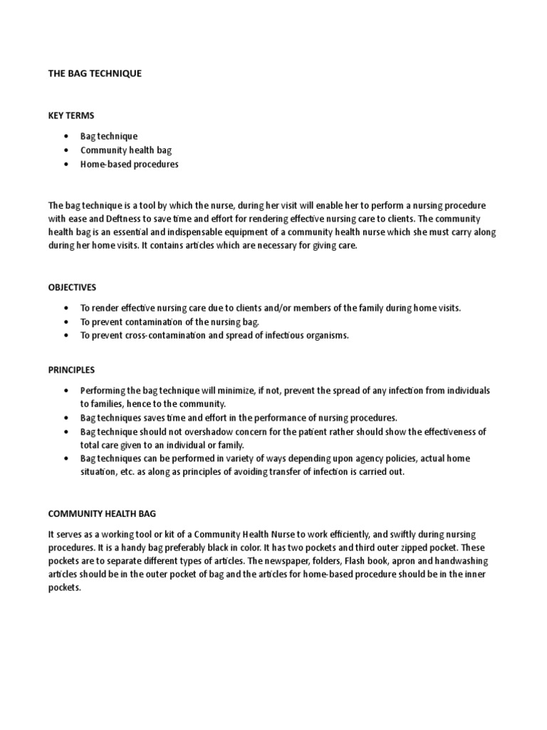 The Bag Technique | PDF | Nursing | Health Care