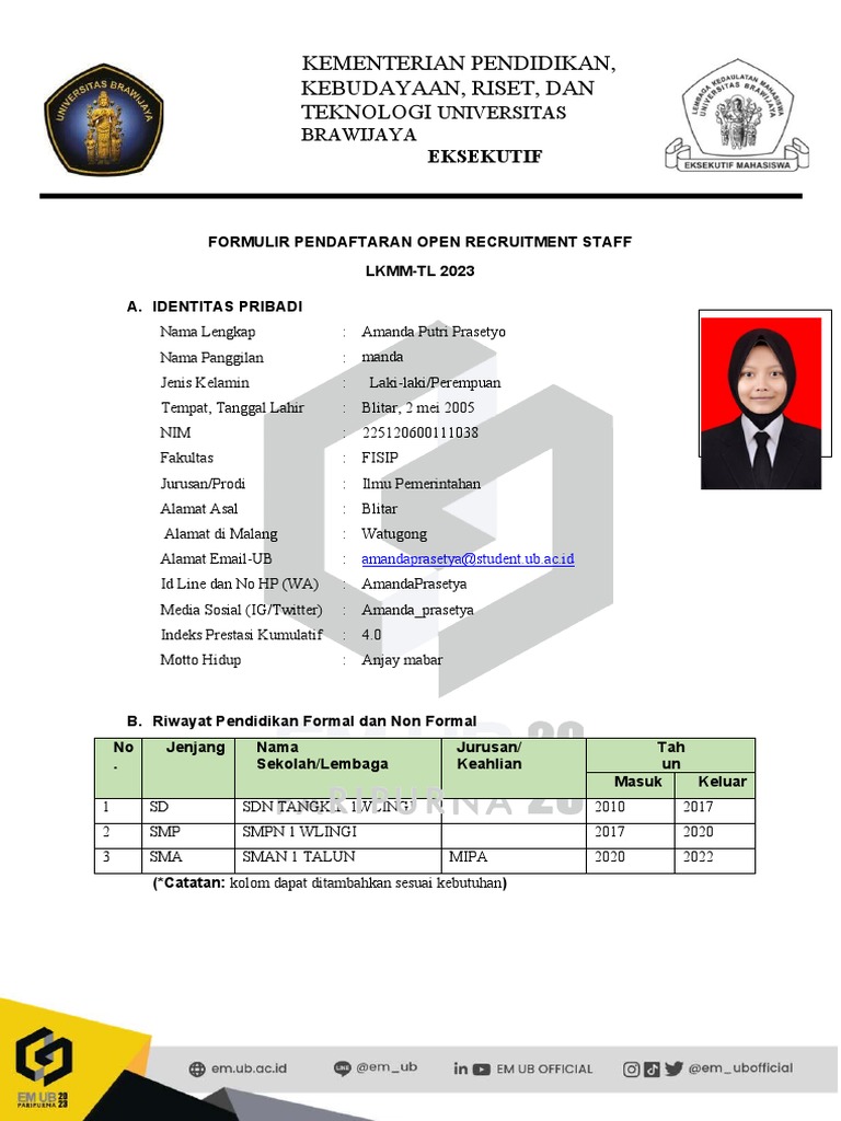 Formulir Dan Surat Pernyataan Open Recruitment LKMM-TL 2023 | PDF