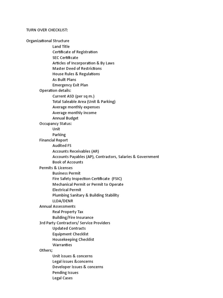 Turn Over Checklist | PDF