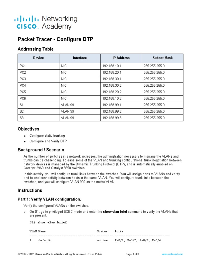 3.5.5 Packet Tracer - Configure DTP | PDF | Network Protocols ...