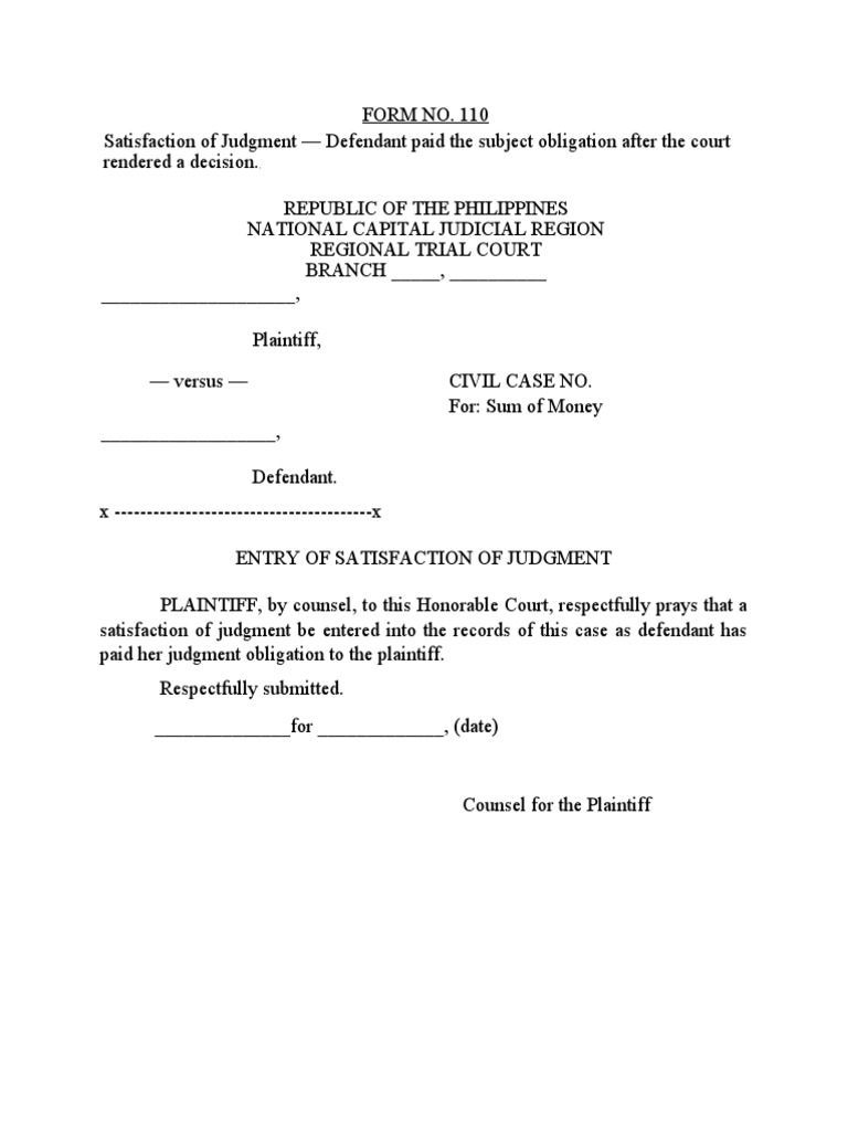FORM 110 ENTRY OF SATISFACTION OF JUDGMENT | PDF
