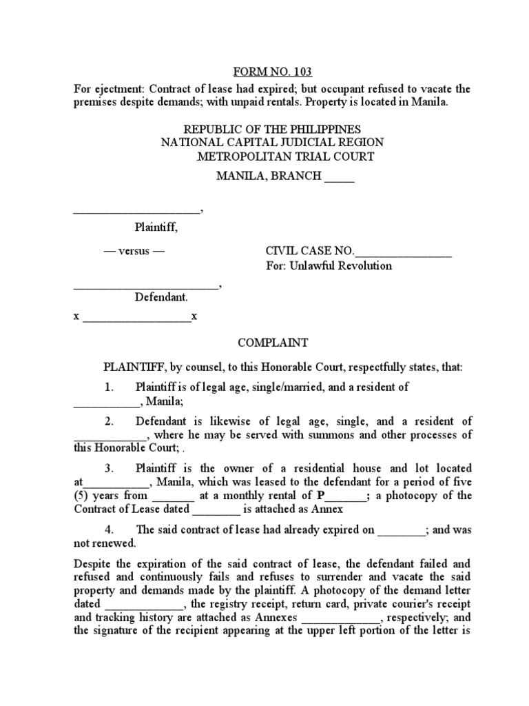 FORM 103 For Ejectment-Contract of Lease Had Expired | PDF