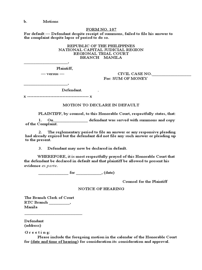 FORM 107 Motion To Declare Default | PDF
