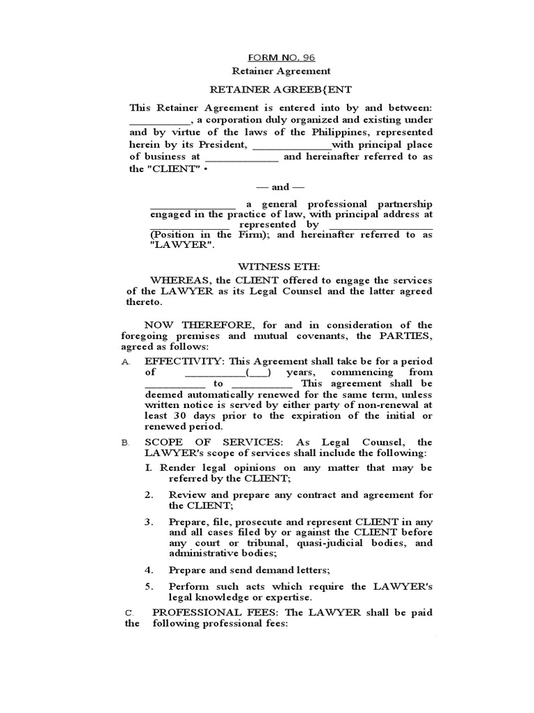 FORM NO. 96 Retainer Agreement | PDF | Lawyer | Per Diem