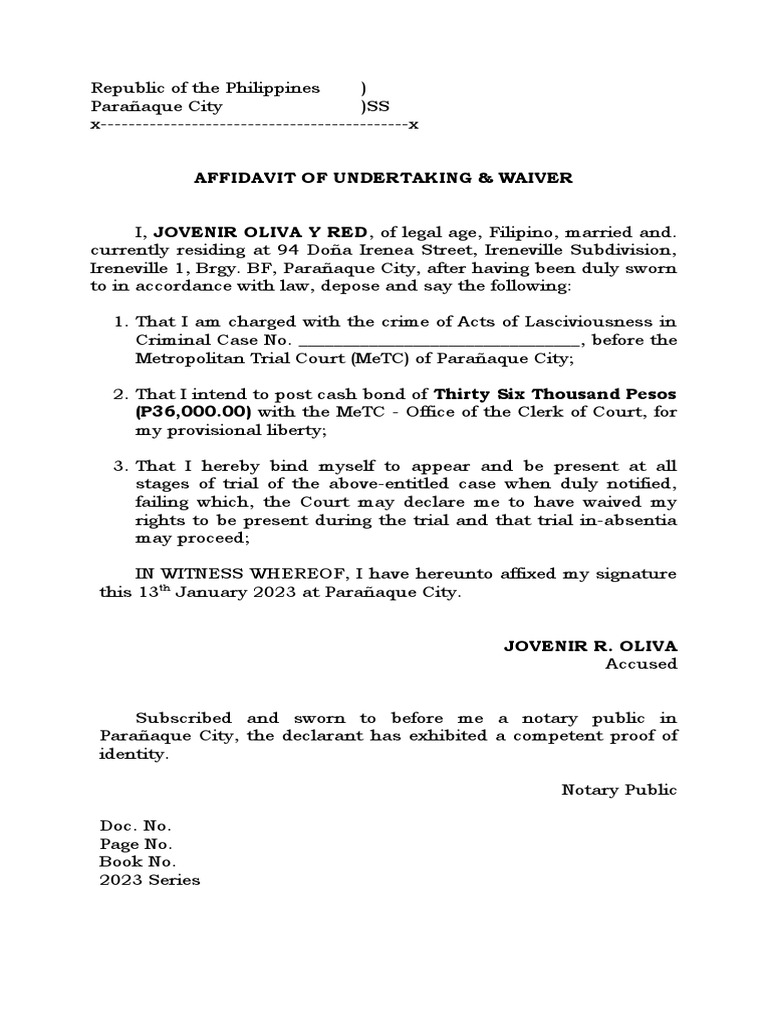 Affidavit of Undertaking - Bail | PDF