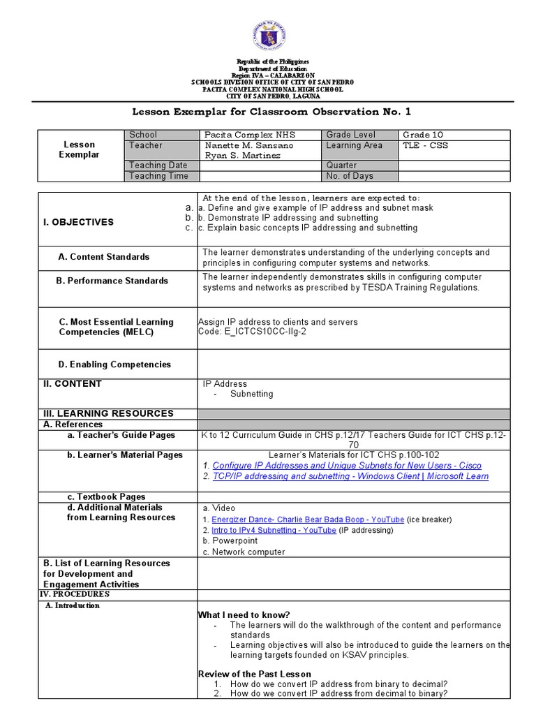 Lesson Exemplar Cot1 - css10 | PDF | Ip Address | Computer Network