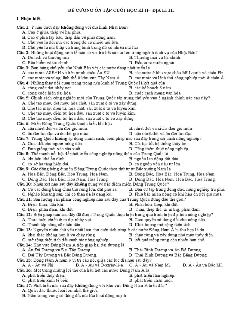 DE CUONG ON TAP CUOI HOC KI II DIA LI 11 - 1 746aa | PDF