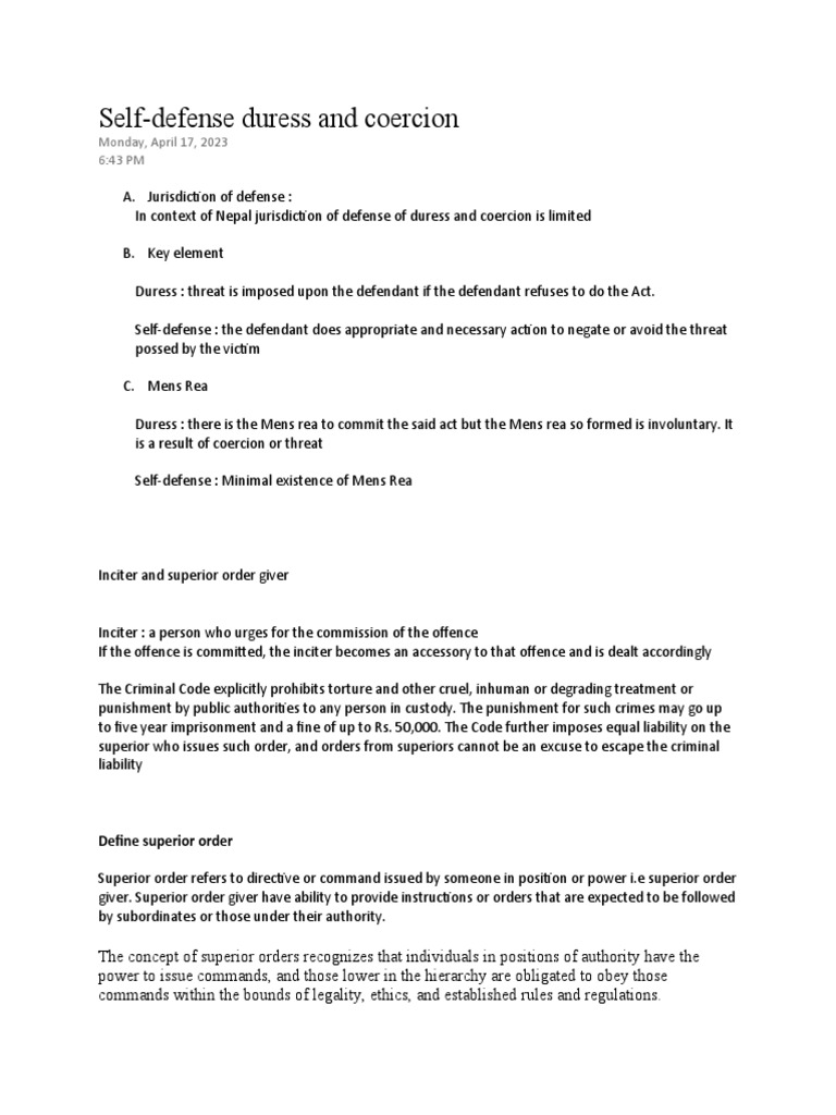 Self-Defense Duress and Coercion | PDF