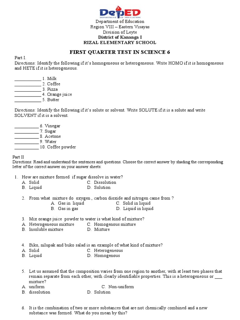 1st Periodical Exam in Science 6 | Download Free PDF | Mixture | Solubility