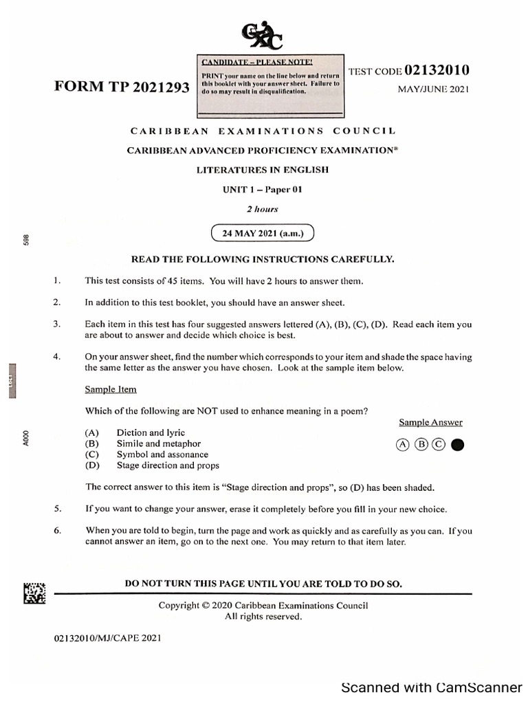 CAPE Literatures in English 2021 U1 P1 | PDF