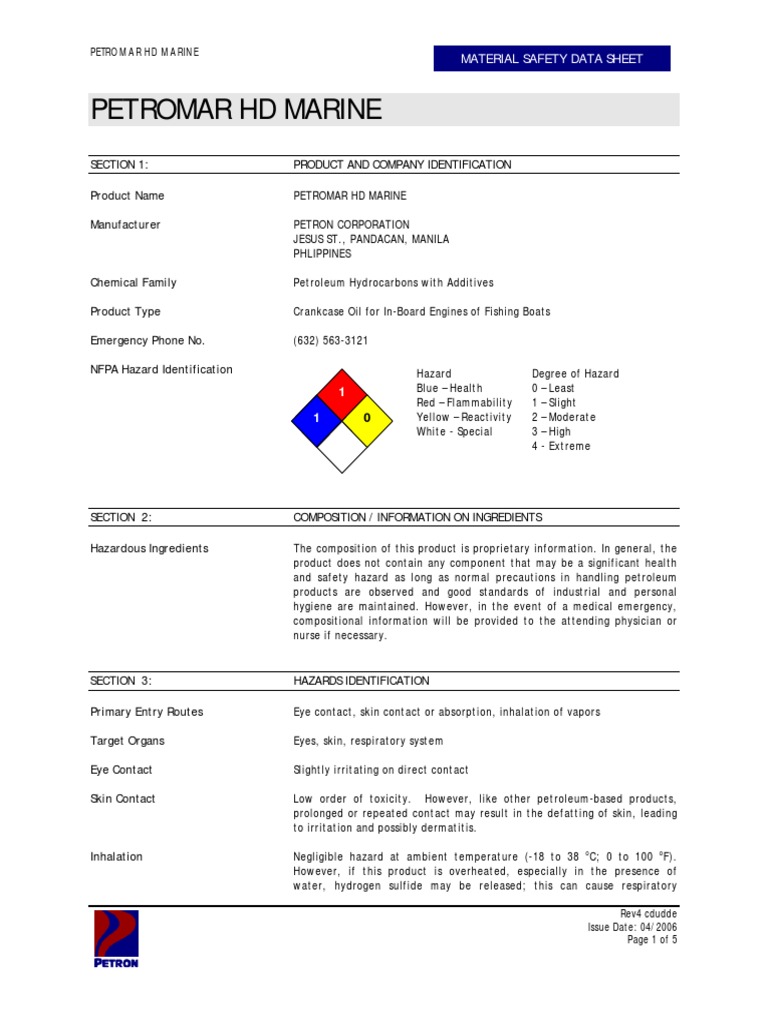 Petromar HD Marine Safety Data Sheet | PDF