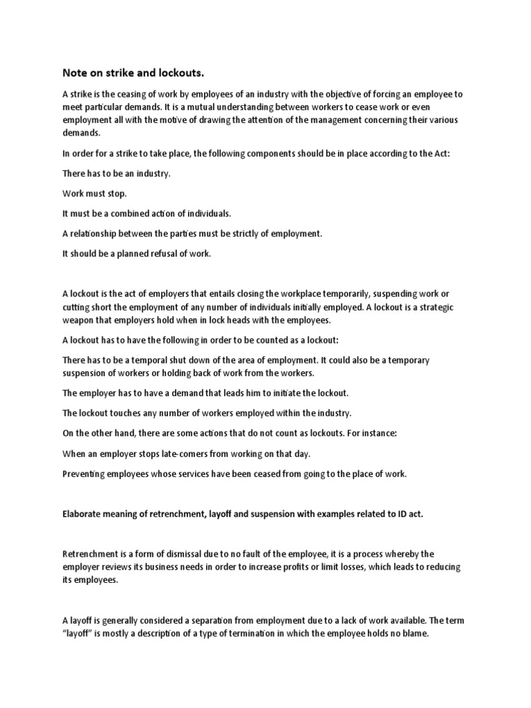 Note On Strike and Lockouts.: Elaborate Meaning of Retrenchment, Layoff ...