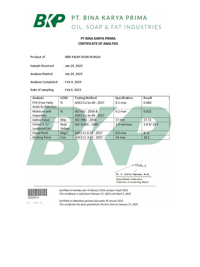COA_BKP_OLEIN_ISO 22000-2018 | PDF