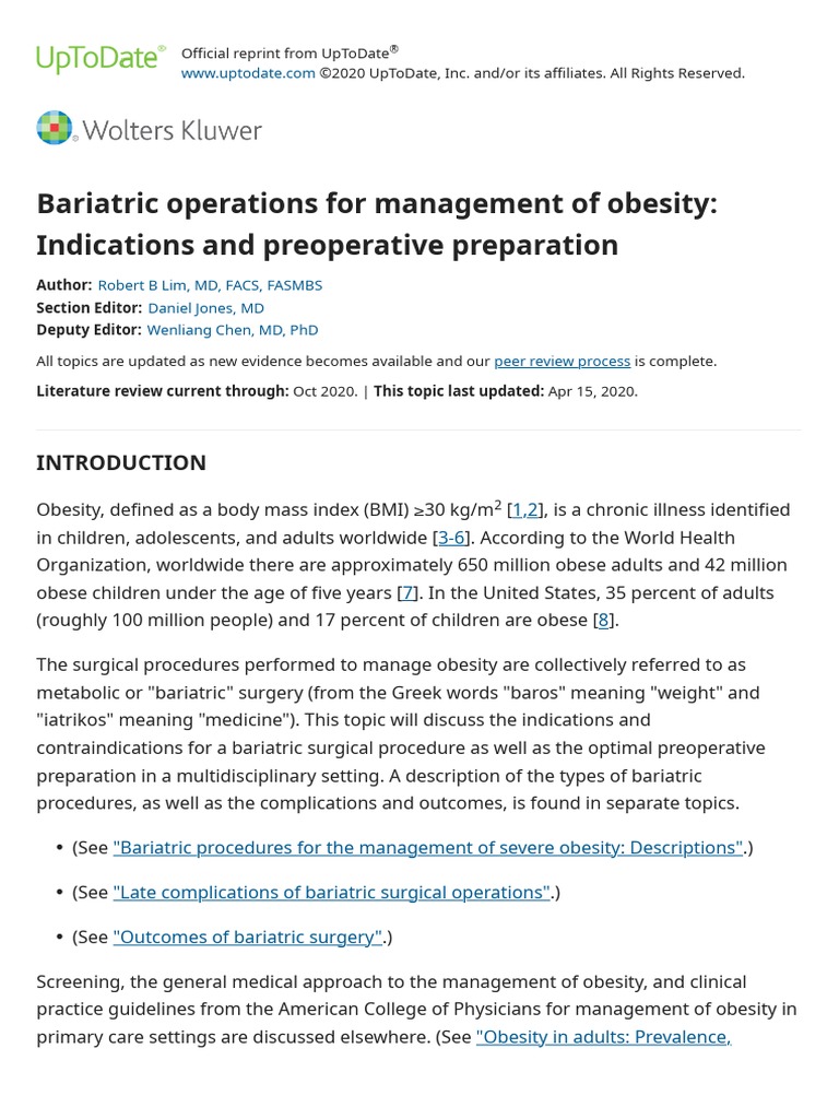 Bariatric Operations For Management of Obesity: Indications and Preoperative Preparation ...