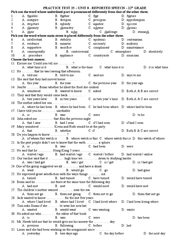 Practice Test 25 - Unit 8 - Grade 12 | PDF
