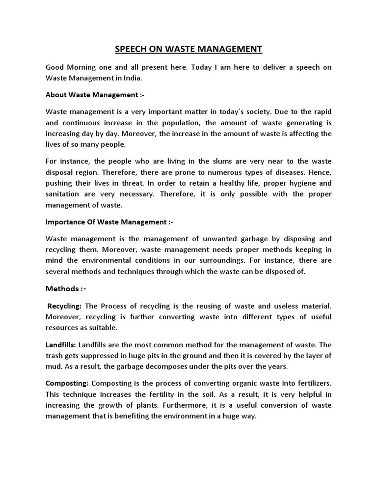 Speech On Waste Management | PDF