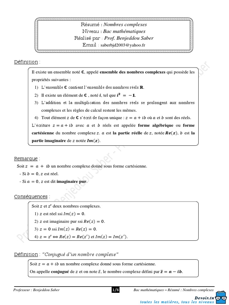 Cours Math Résumé Tome II CH 01 Nombres Complexes Bac Mathématiques Bac ...