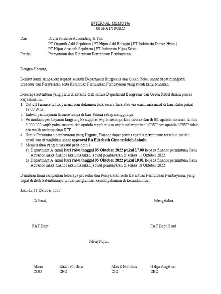 INTERNAL MEMO FAT Oktober 2022 - Req Pembayaran | PDF