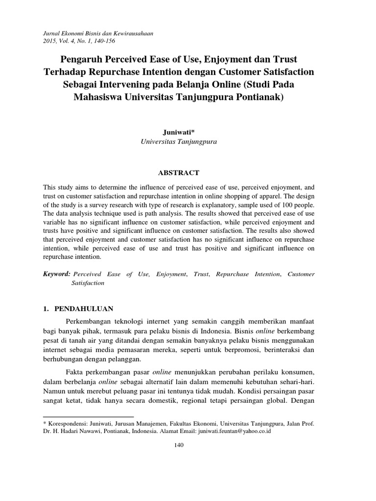 ID Pengaruh Perceived Ease of Use Enjoyment Dan Trust Terhadap Repurchase Intention | PDF