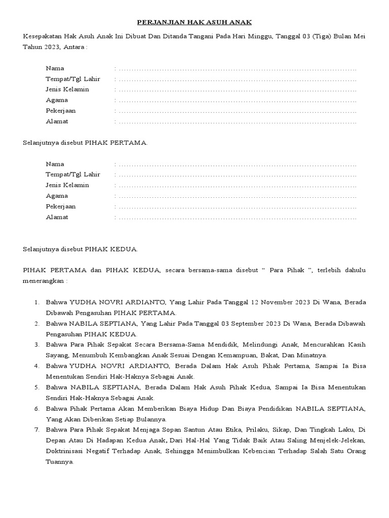 Perjanjian Hak Asuh Anak | PDF Perjanjian Hak Asuh Anak | PDF