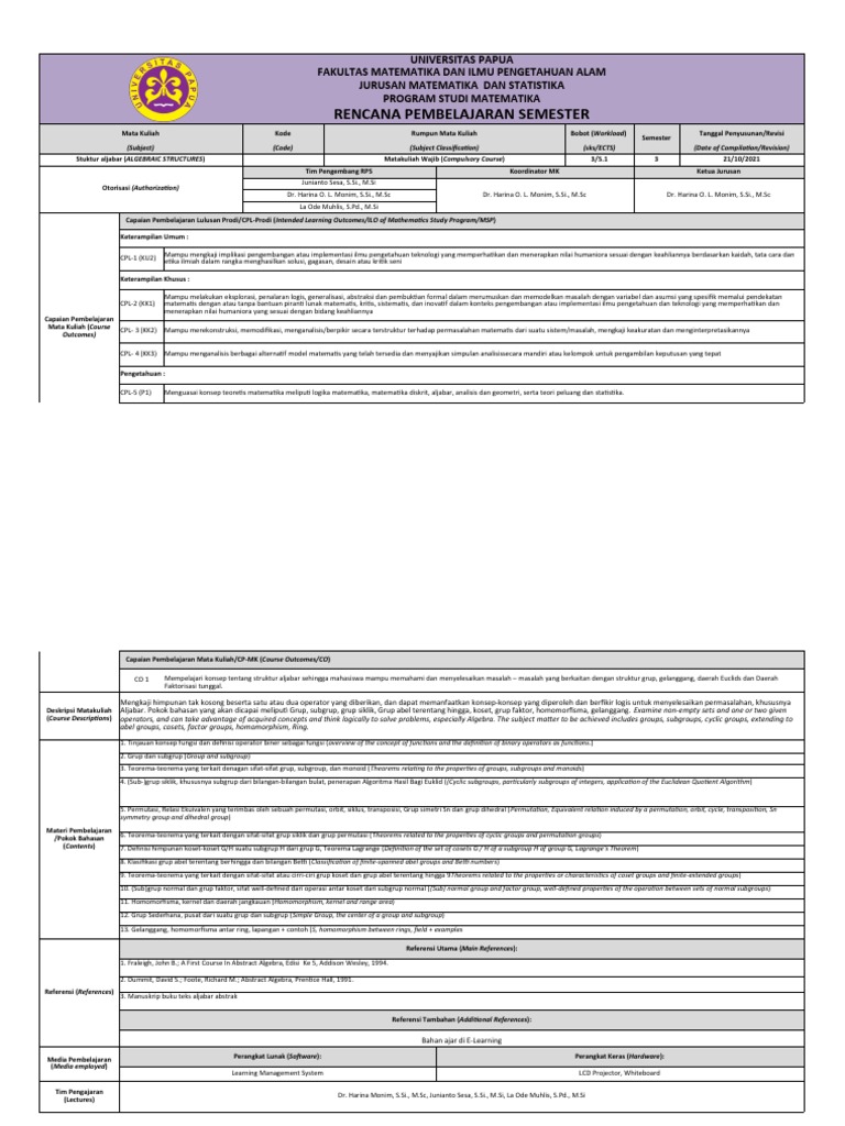 RPS Stuktur Aljabar (MTK UNIPA) | PDF | Komputer