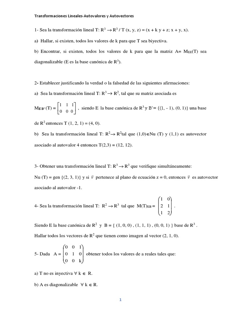 Transformaciones Lineales-Autovalores y Autove | PDF | Valores propios y vectores propios | Mapa ...