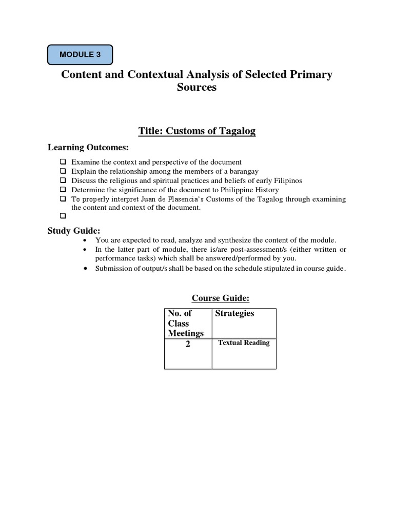 GEC 2-MODULE 3 - Tagalog Customs by Juan de Placensia | PDF | Philippines