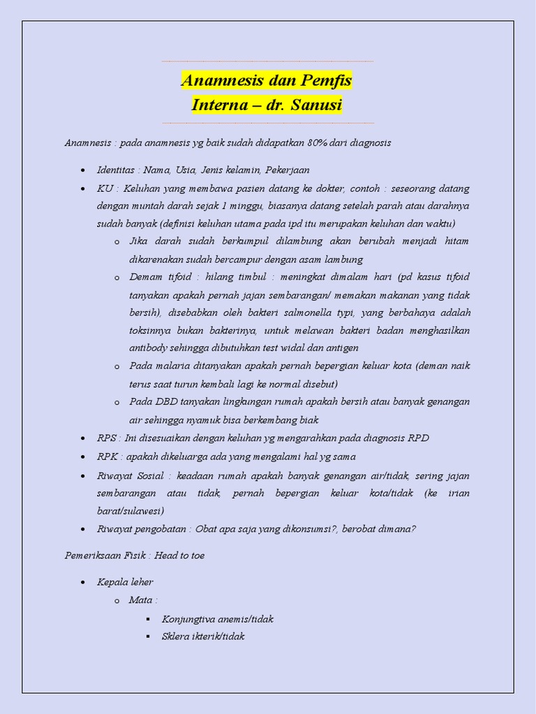 Panum Resume Interna Anamnesis Dan Pemfis | PDF