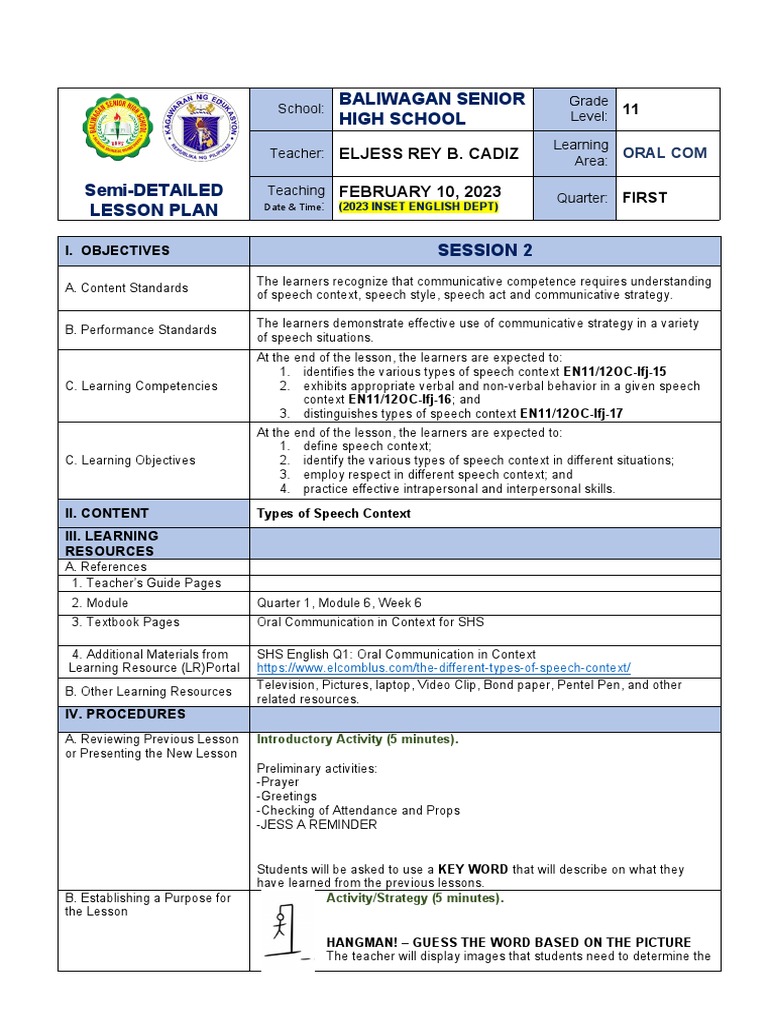 DLP Oral Communication - Types of Speech Context | PDF | Communication | Learning