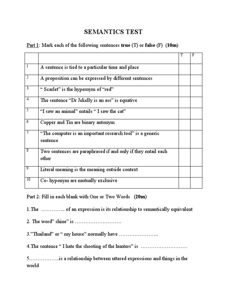 Semantics Mid Term Test 2022 de 1 Ô L P Na L P Lan | PDF
