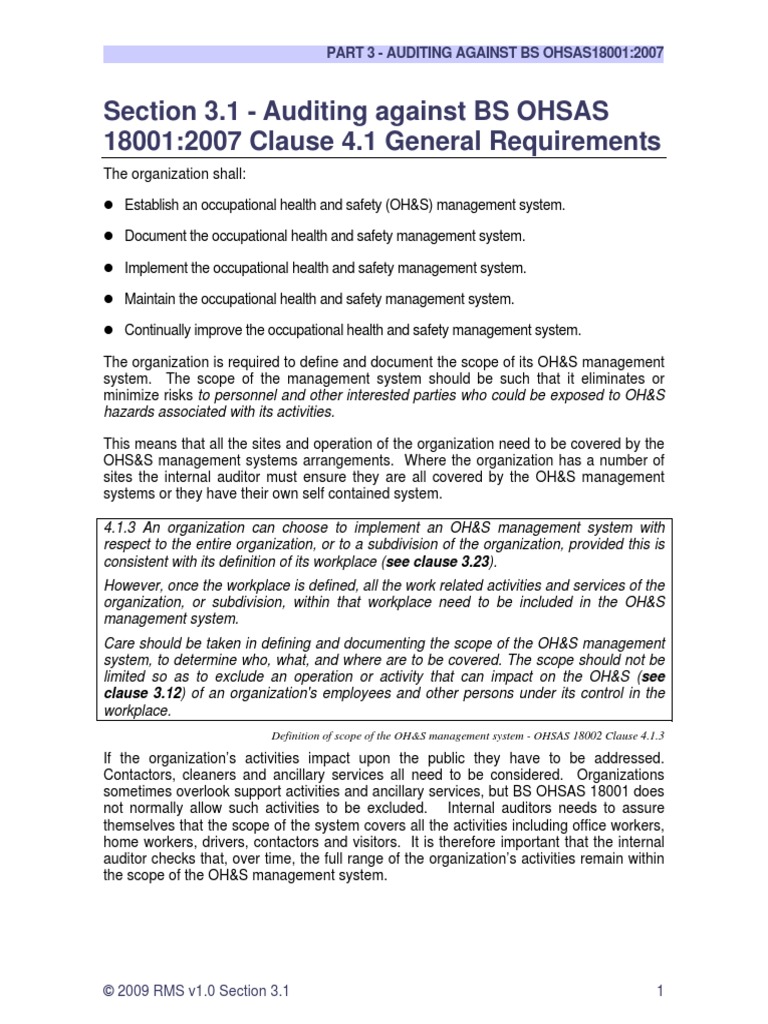 Section 3.1 - Auditing Against BS OHSAS 18001:2007 Clause 4.1 General Requirements | PDF ...
