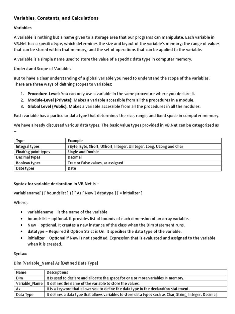 Variables, Constant and Calculation | PDF | Data Type | Variable ...