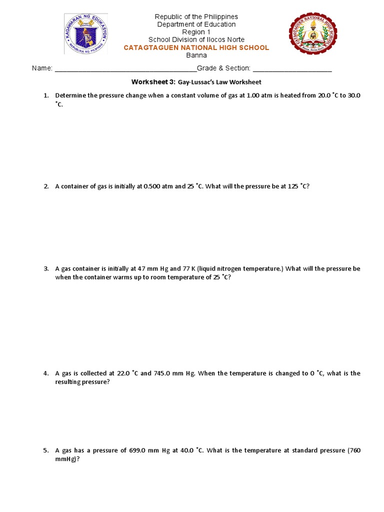Gay Lussacs Law Worksheet | PDF