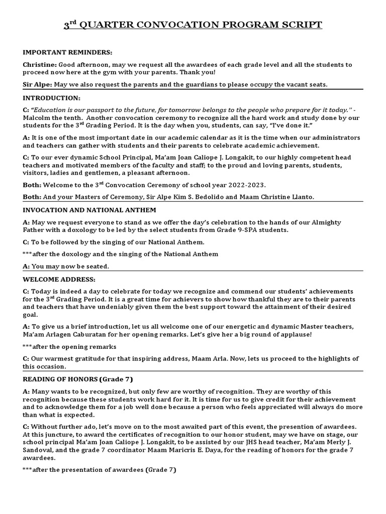 3rd QUARTER CONVOCATION PROGRAM SCRIPT | PDF