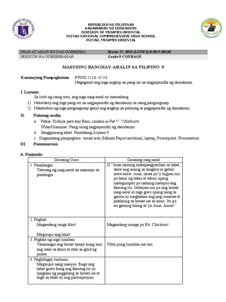 Banghay Aralin Filipino 9 | PDF