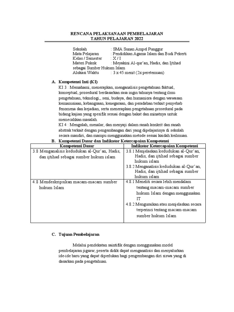 2022 RPP Kls X Ganjil Sumber Hukum Islam | PDF