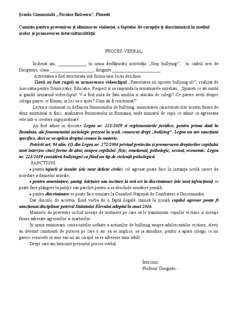 Proces Verbal Activitate Stop Bullying | PDF