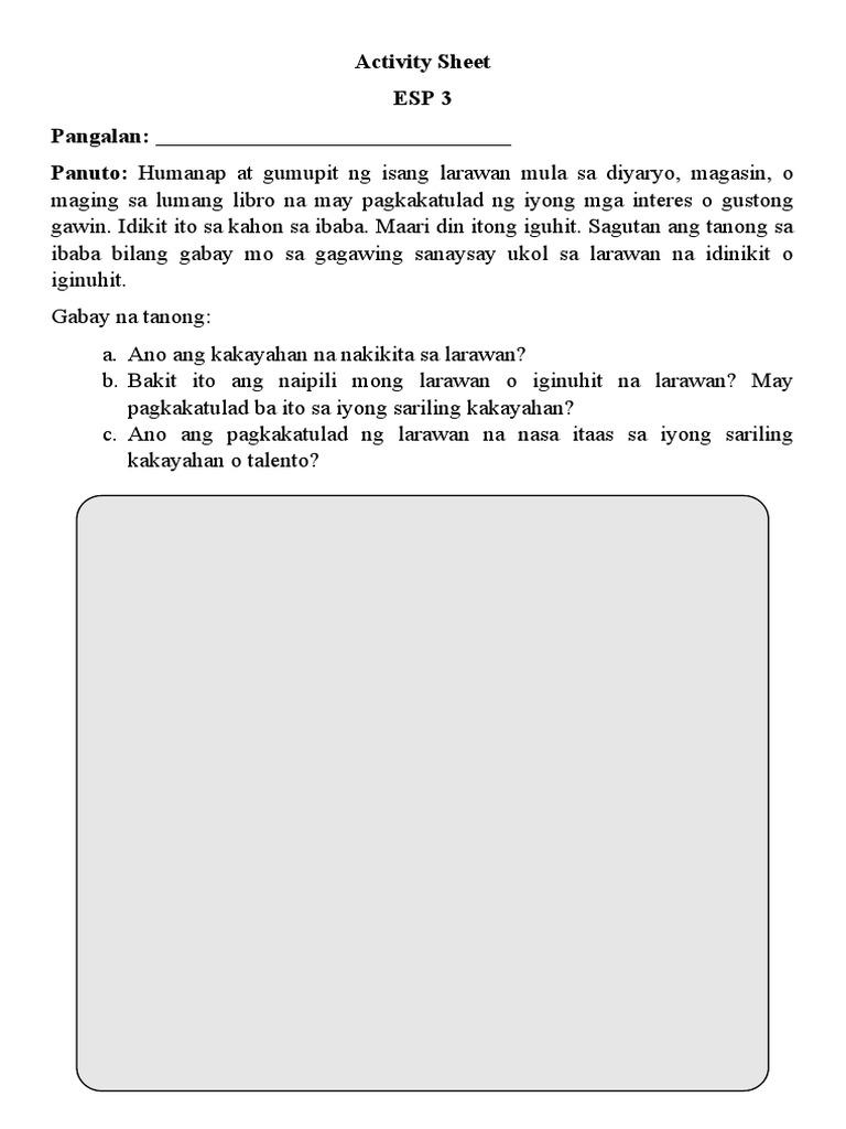 Activity Sheet Esp 3 Pangalan: Panuto: Humanap at Gumupit NG Isang Larawan Mula Sa Diyaryo ...
