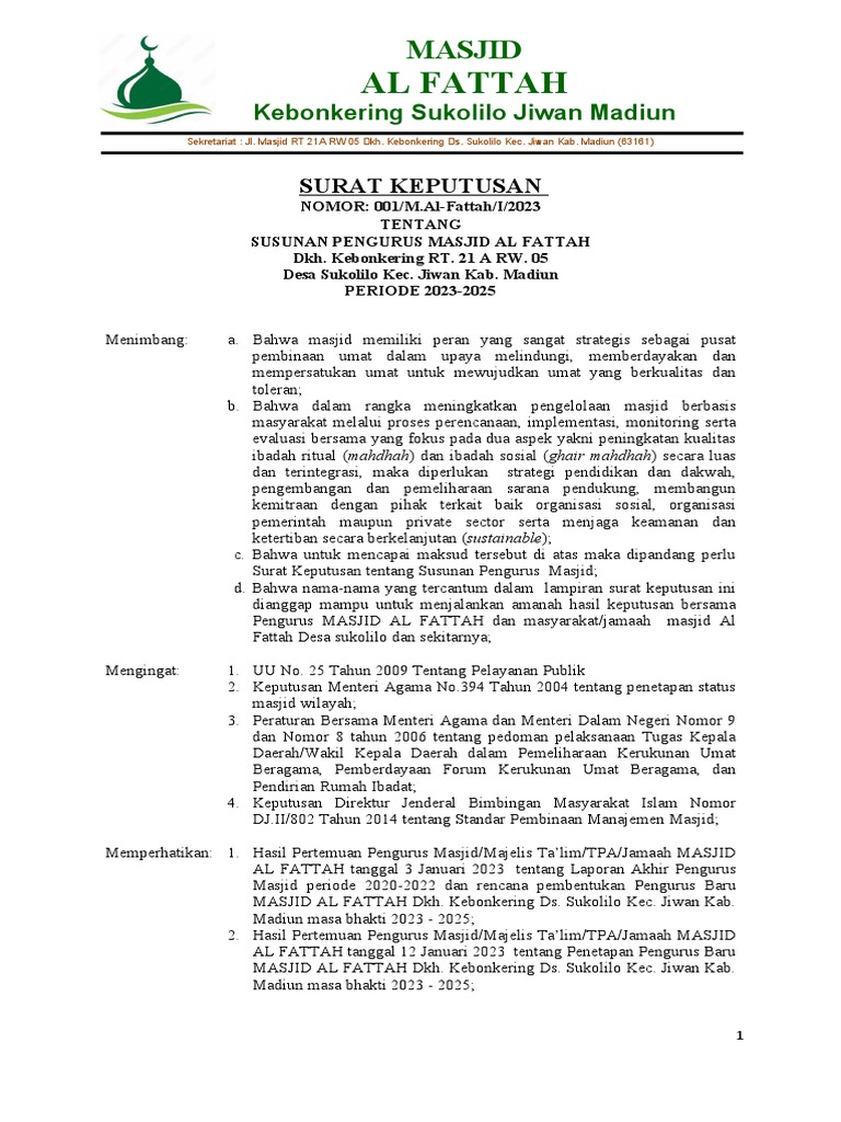 SK Pengurus Takmir Masjid 2016-2019 | PDF