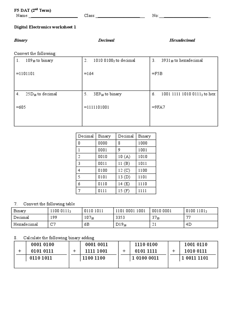 Digital Electronics Worksheet 1 | PDF