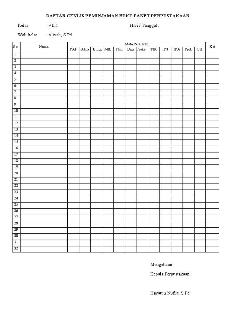 Daftar Ceklis Peminjaman Buku Paket Perpustakaan | PDF