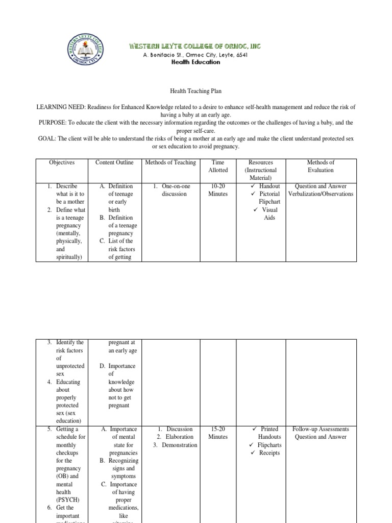 Health Teaching Plan | PDF | Pregnancy | Risk