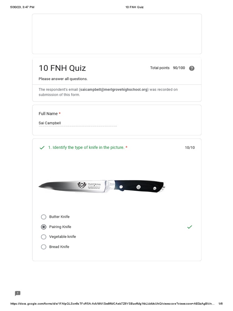 FNH Knife Skills Quiz Results | PDF