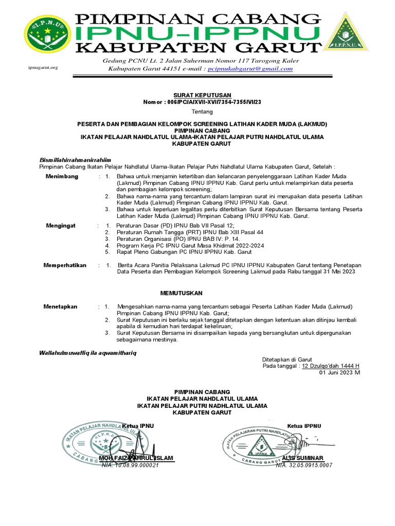 006. SURAT KEPUTUSAN PESERTA LAKMUD PC IPNU IPPNU GARUT | PDF