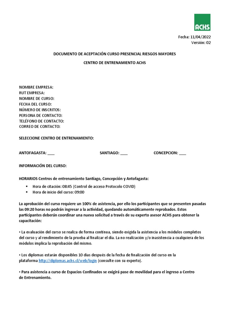 Carta de Aceptación Curso Centro de Entrenamiento Achs V2 | PDF | Salud pública
