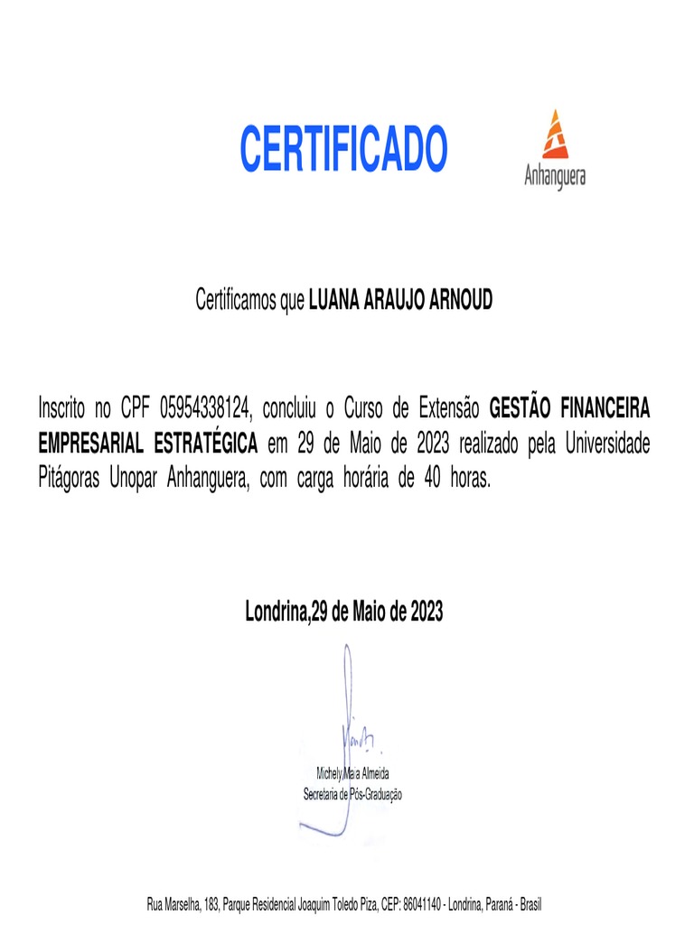 Certificado - GESTÃO FINANCEIRA EMPRESARIAL ESTRATÉGICA | PDF