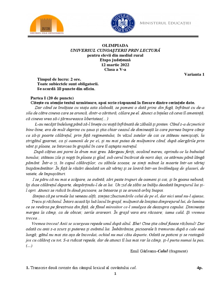 Subiect. Varianta 1 - UCL - Martie 2022 | PDF