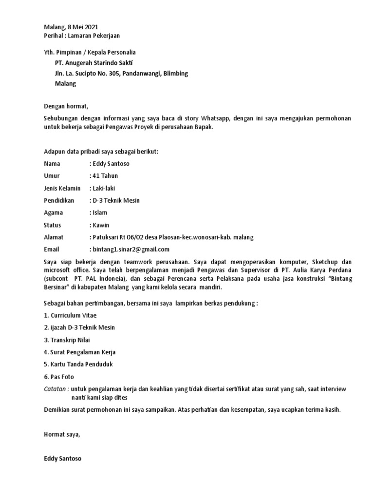 Lamaran Pengawas Project | PDF