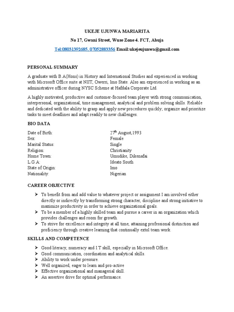 Ukeje Ujunwa Rita CV | PDF | Cognition
